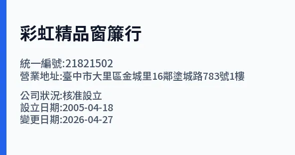 彩虹精品窗簾行的照片-統編 21821502(臺中市) 公司登記資料與營業項目詳細圖表