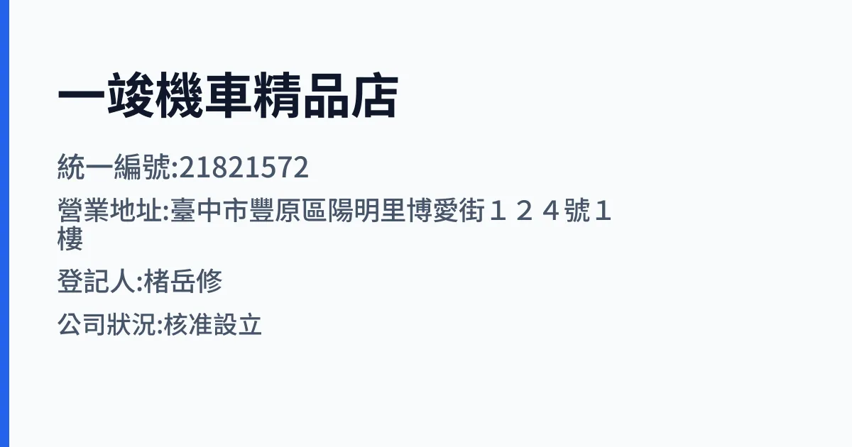 一竣機車精品店 - 統編 21821572(臺中市) 公司登記資料與營業項目詳細圖表