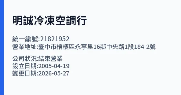 明誠冷凍空調行的照片-統編 21821952(臺中市) 公司登記資料與營業項目詳細圖表