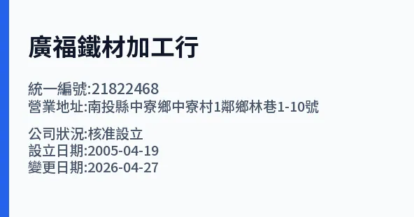 廣福鐵材加工行的照片-統編 21822468(南投縣) 公司登記資料與營業項目詳細圖表