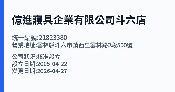 億進寢具企業有限公司斗六店的照片-統編 21823380(雲林縣) 公司登記資料與營業項目詳細圖表
