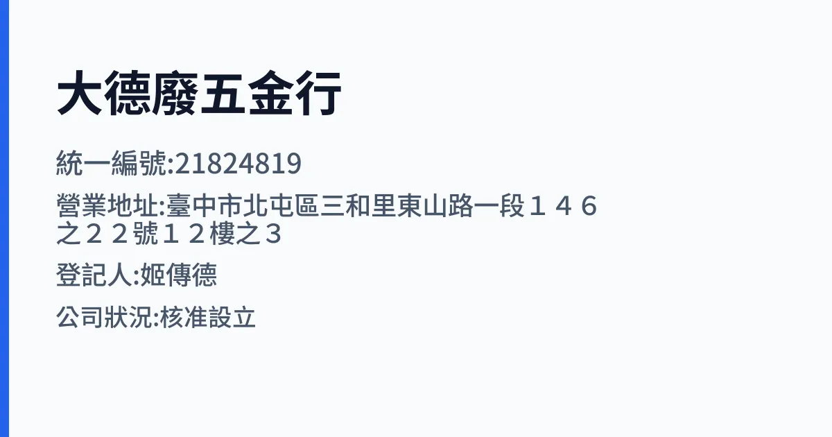 大德廢五金行 - 統編 21824819(臺中市) 公司登記資料與營業項目詳細圖表