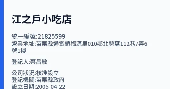 江之戶小吃店的照片-統編 21825599(苗栗縣) 公司登記資料與營業項目詳細圖表