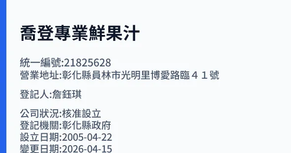 喬登專業鮮果汁的照片-統編 21825628(彰化縣) 公司登記資料與營業項目詳細圖表