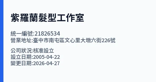 紫羅蘭髮型工作室的照片-統編 21826534(臺中市) 公司登記資料與營業項目詳細圖表