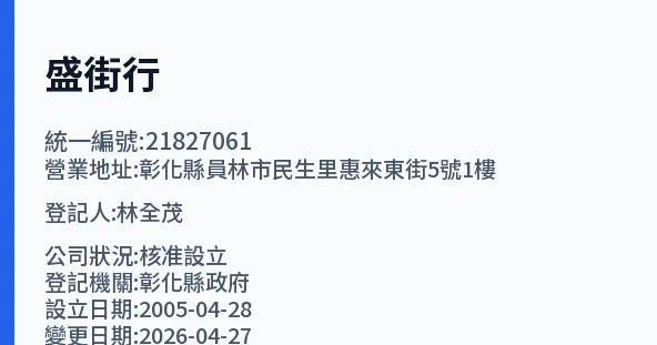 盛街行的照片-統編 21827061(彰化縣) 公司登記資料與營業項目詳細圖表