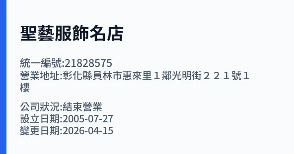 聖藝服飾名店的照片-統編 21828575(彰化縣) 公司登記資料與營業項目詳細圖表