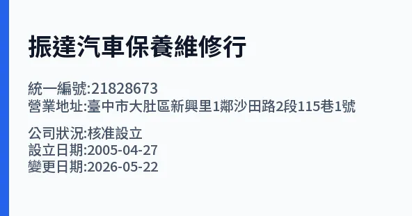 振達汽車保養維修行的照片-統編 21828673(臺中市) 公司登記資料與營業項目詳細圖表