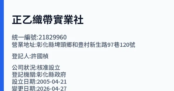 正乙織帶實業社的照片-統編 21829960(彰化縣) 公司登記資料與營業項目詳細圖表