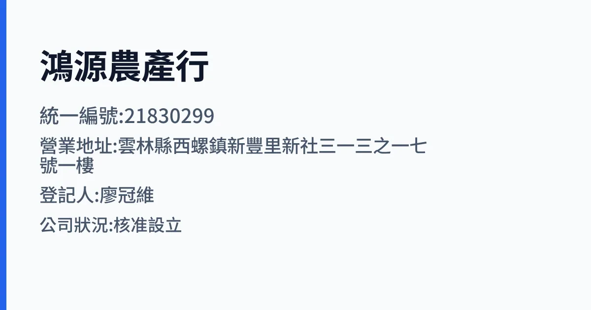 鴻源農產行 - 統編 21830299（雲林縣） 公司登記資料與營業項目詳細圖表