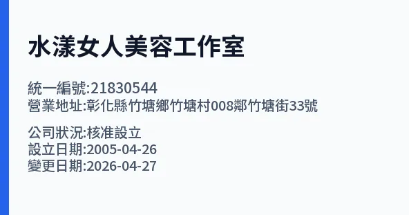 水漾女人美容工作室的照片-統編 21830544(彰化縣) 公司登記資料與營業項目詳細圖表