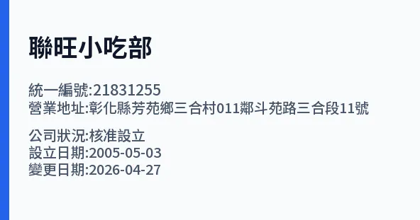 聯旺小吃部的照片-統編 21831255(彰化縣) 公司登記資料與營業項目詳細圖表