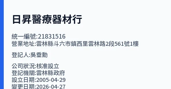 日昇醫療器材行的照片-統編 21831516(雲林縣) 公司登記資料與營業項目詳細圖表