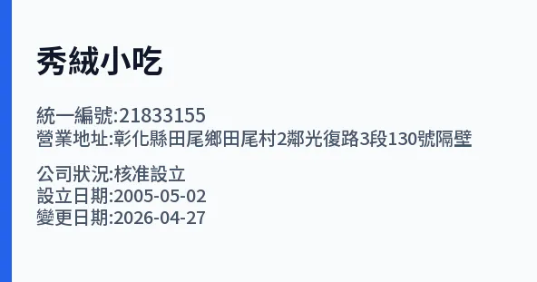 秀絨小吃的照片-統編 21833155(彰化縣) 公司登記資料與營業項目詳細圖表