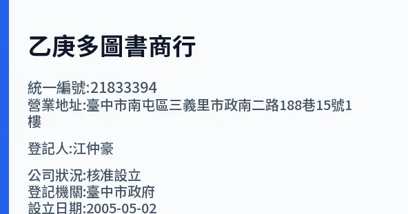 乙庚多圖書商行的照片-統編 21833394(臺中市) 公司登記資料與營業項目詳細圖表