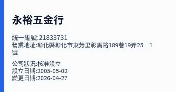 永裕五金行的照片-統編 21833731(彰化縣) 公司登記資料與營業項目詳細圖表