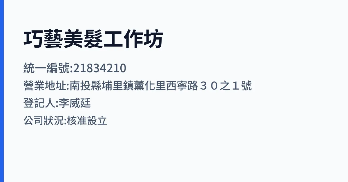 巧藝美髮工作坊 - 統編 21834210(南投縣) 公司登記資料與營業項目詳細圖表