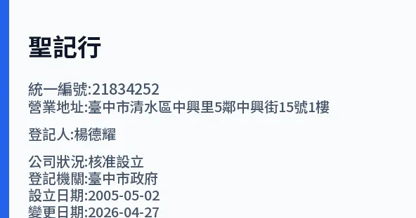 聖記行的照片-統編 21834252(臺中市) 公司登記資料與營業項目詳細圖表
