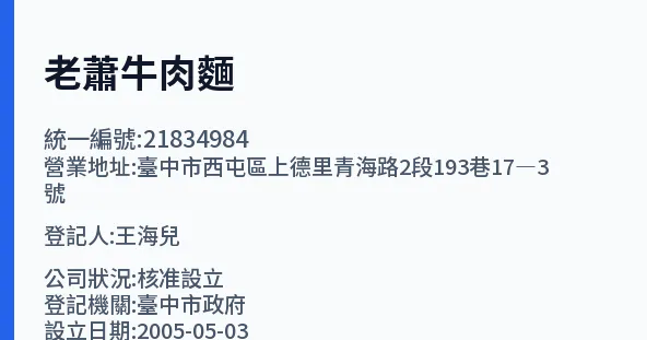 老蕭牛肉麵的照片-統編 21834984(臺中市) 公司登記資料與營業項目詳細圖表