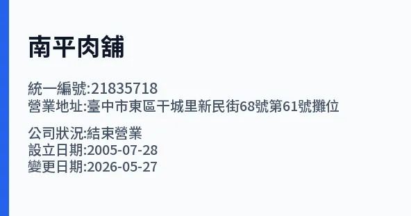南平肉舖的照片-統編 21835718(臺中市) 公司登記資料與營業項目詳細圖表