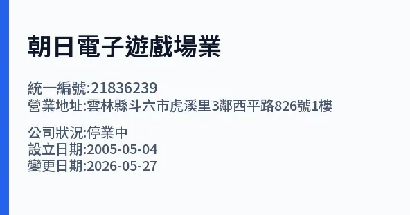 朝日電子遊戲場業的照片-統編 21836239(雲林縣) 公司登記資料與營業項目詳細圖表
