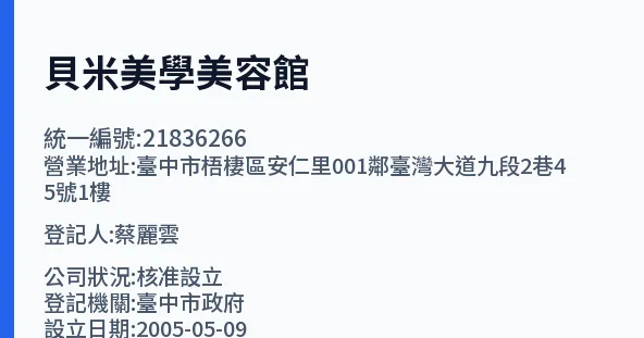 貝米美學美容館的照片-統編 21836266(臺中市) 公司登記資料與營業項目詳細圖表