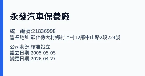 永發汽車保養廠的照片-統編 21836998(彰化縣) 公司登記資料與營業項目詳細圖表
