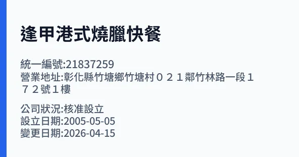 逢甲港式燒臘快餐的照片-統編 21837259(彰化縣) 公司登記資料與營業項目詳細圖表