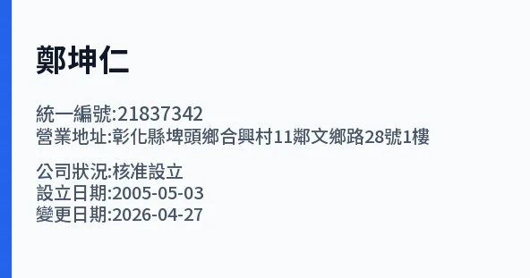 鄭坤仁的照片-統編 21837342(彰化縣) 公司登記資料與營業項目詳細圖表