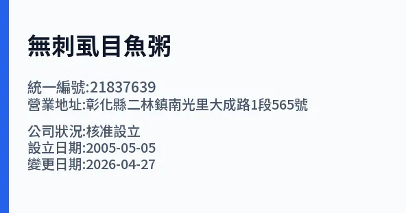 無刺虱目魚粥的照片-統編 21837639(彰化縣) 公司登記資料與營業項目詳細圖表