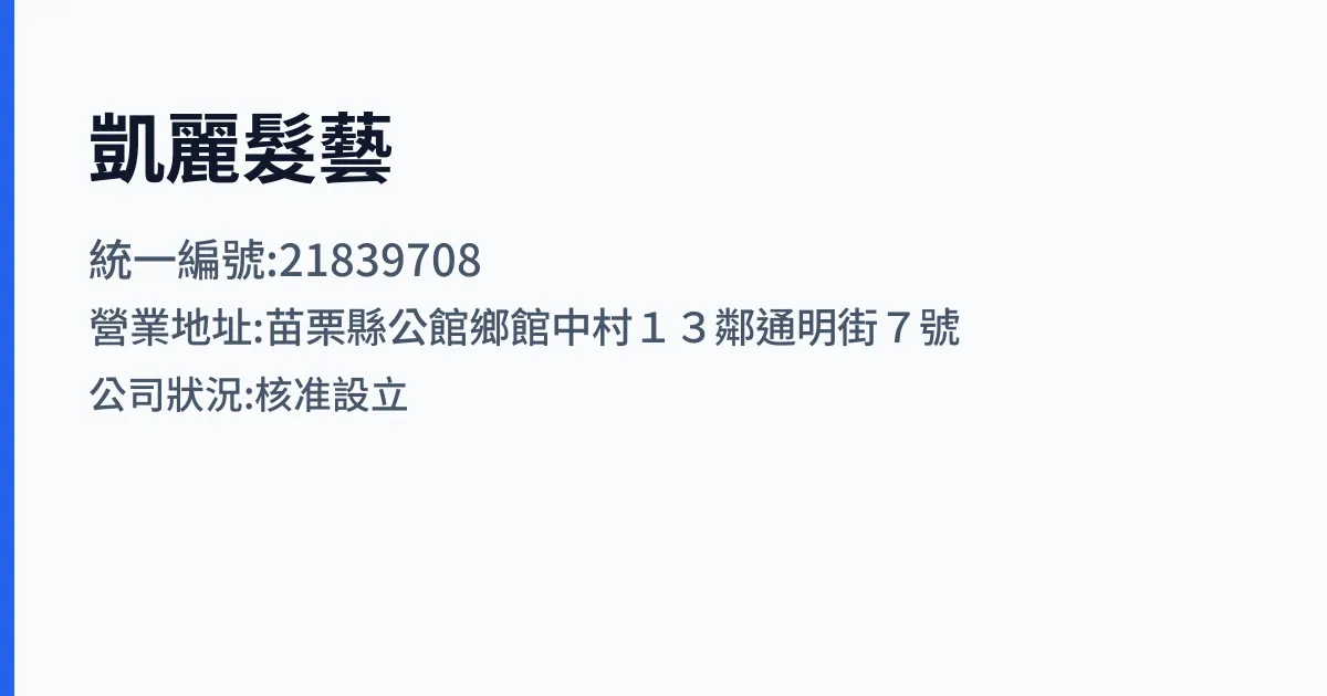 凱麗髮藝 - 統編 21839708（苗栗縣） 公司登記資料與營業項目詳細圖表
