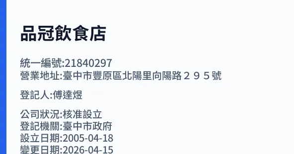 品冠飲食店的照片-統編 21840297(臺中市) 公司登記資料與營業項目詳細圖表