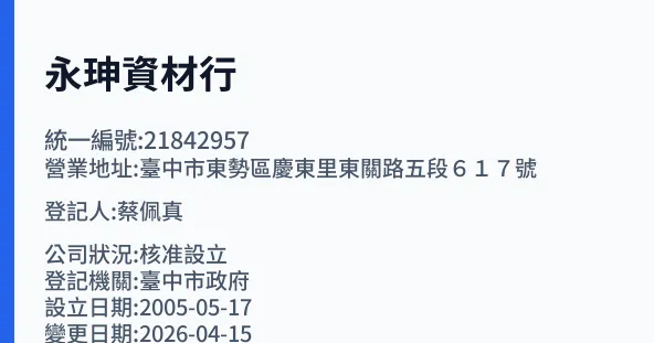 永珅資材行的照片-統編 21842957(臺中市) 公司登記資料與營業項目詳細圖表