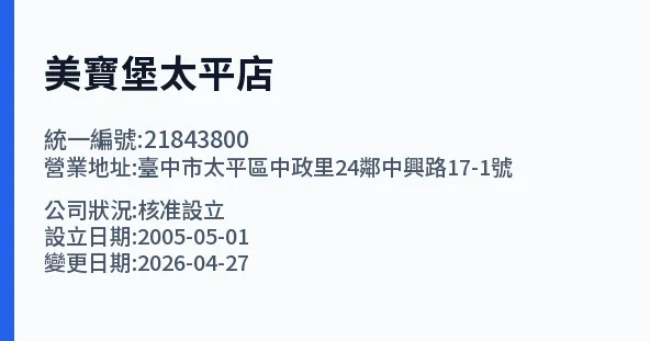 美寶堡太平店的照片-統編 21843800(臺中市) 公司登記資料與營業項目詳細圖表
