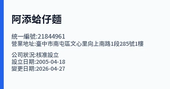 阿添蛤仔麵的照片-統編 21844961(臺中市) 公司登記資料與營業項目詳細圖表