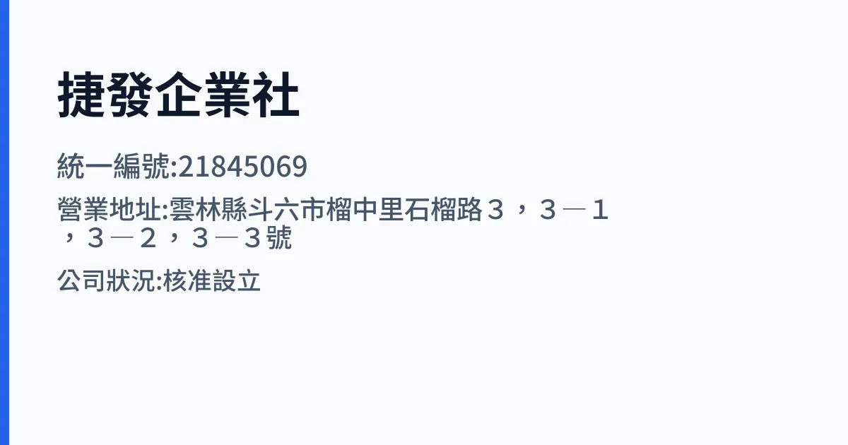 捷發企業社 - 統編 21845069(雲林縣) 公司登記資料與營業項目詳細圖表