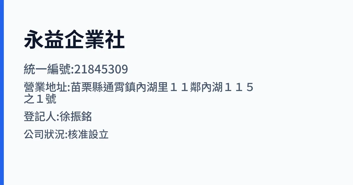 永益企業社 - 統編 21845309(苗栗縣) 公司登記資料與營業項目詳細圖表