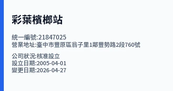 彩葉檳榔站的照片-統編 21847025(臺中市) 公司登記資料與營業項目詳細圖表