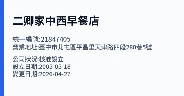 二卿家中西早餐店的照片-統編 21847405(臺中市) 公司登記資料與營業項目詳細圖表