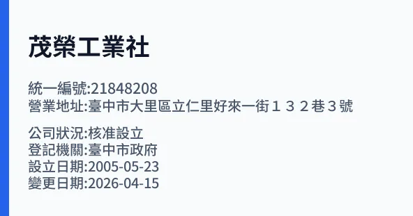 茂榮工業社的照片-統編 21848208(臺中市) 公司登記資料與營業項目詳細圖表
