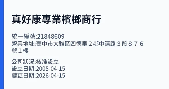 真好康專業檳榔商行的照片-統編 21848609(臺中市) 公司登記資料與營業項目詳細圖表