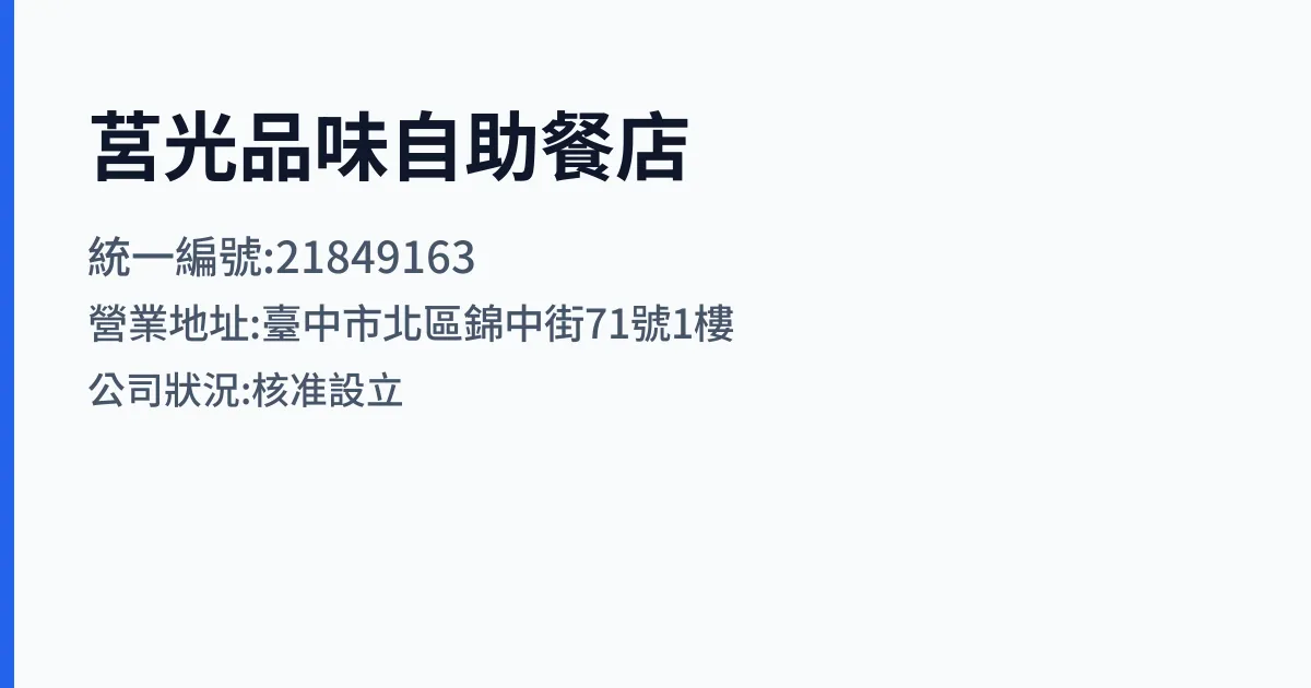 莒光品味自助餐店 - 統編 21849163(臺中市) 公司登記資料與營業項目詳細圖表