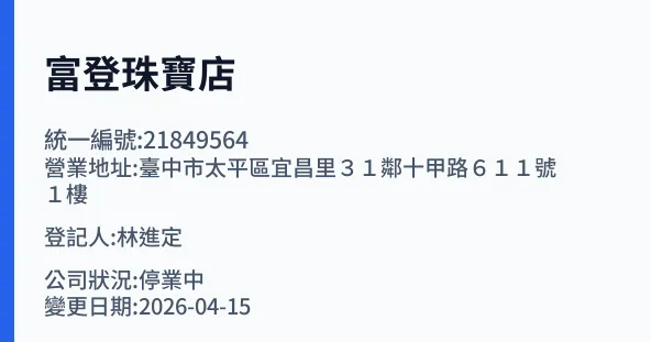 富登珠寶店的照片-統編 21849564(臺中市) 公司登記資料與營業項目詳細圖表