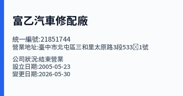 富乙汽車修配廠的照片-統編 21851744(臺中市) 公司登記資料與營業項目詳細圖表