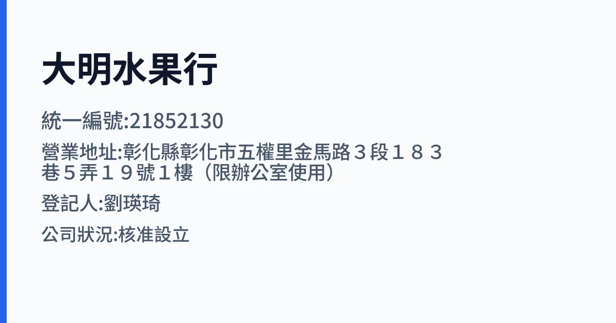 大明水果行 - 統編 21852130(彰化縣) 公司登記資料與營業項目詳細圖表