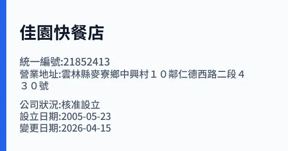 佳園快餐店的照片-統編 21852413(雲林縣) 公司登記資料與營業項目詳細圖表