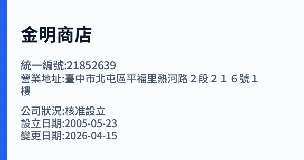 金明商店的照片-統編 21852639(臺中市) 公司登記資料與營業項目詳細圖表