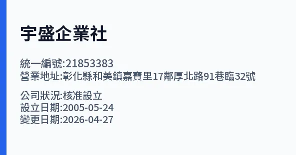 宇盛企業社的照片-統編 21853383(彰化縣) 公司登記資料與營業項目詳細圖表