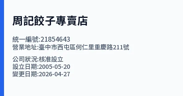 周記餃子專賣店的照片-統編 21854643(臺中市) 公司登記資料與營業項目詳細圖表