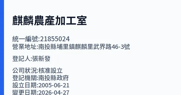 麒麟農產加工室的照片-統編 21855024(南投縣) 公司登記資料與營業項目詳細圖表